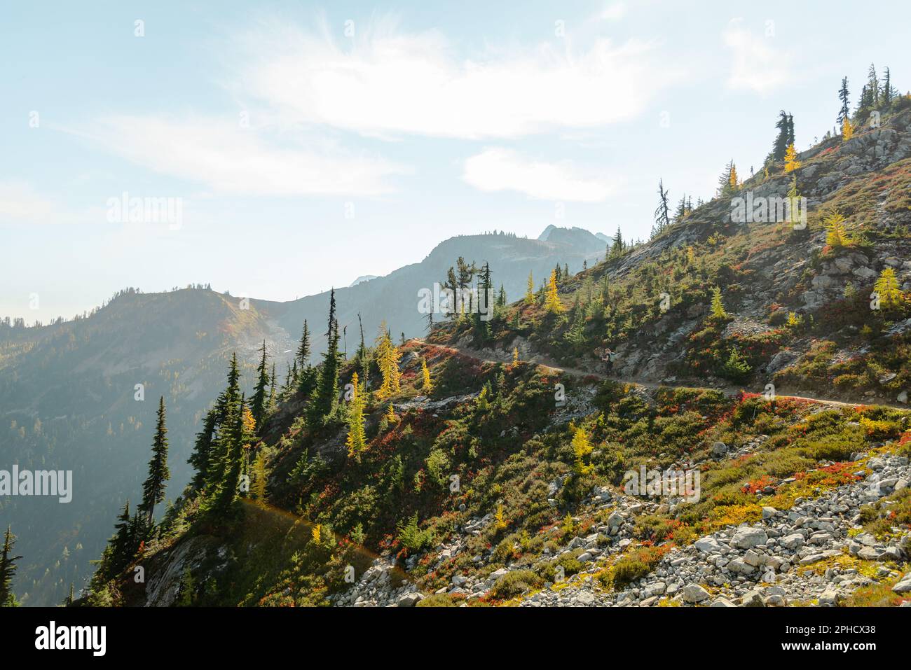 Woman hiking on Maple Pass trail in Cascades National Park Washington ...