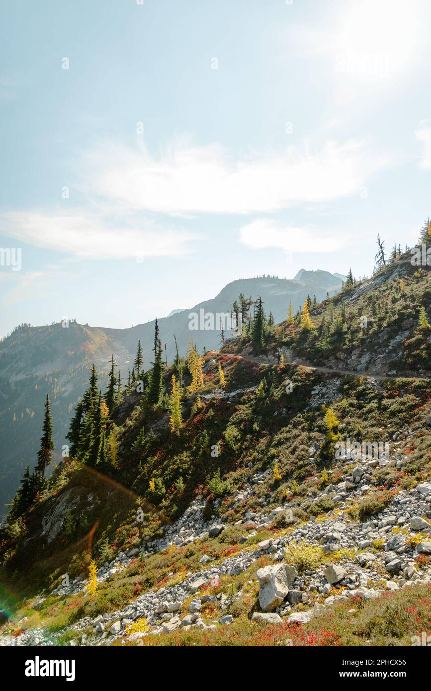 Woman hiking on Maple Pass trail in Cascades National Park Washington ...