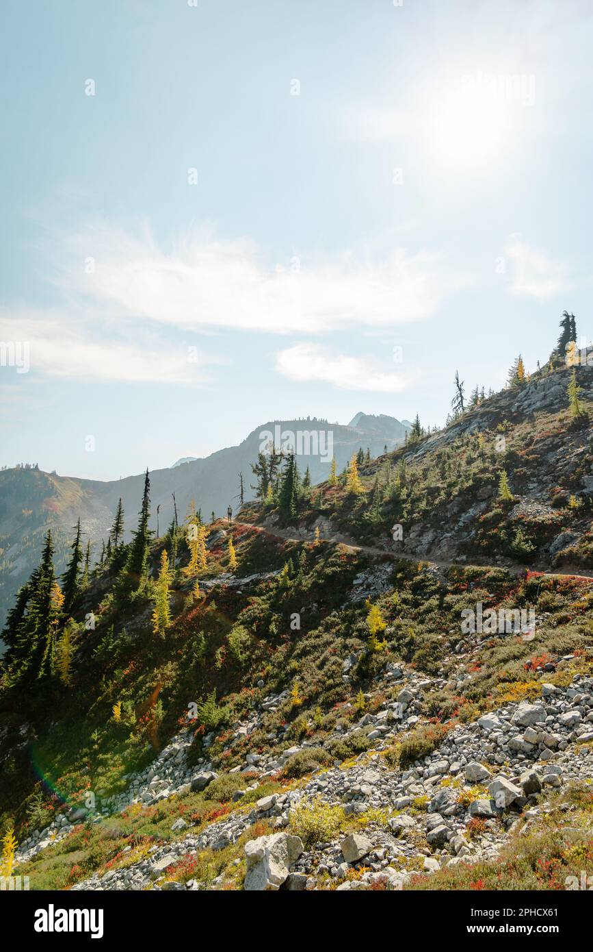 Woman hiking on Maple Pass trail in Cascades National Park Washington ...