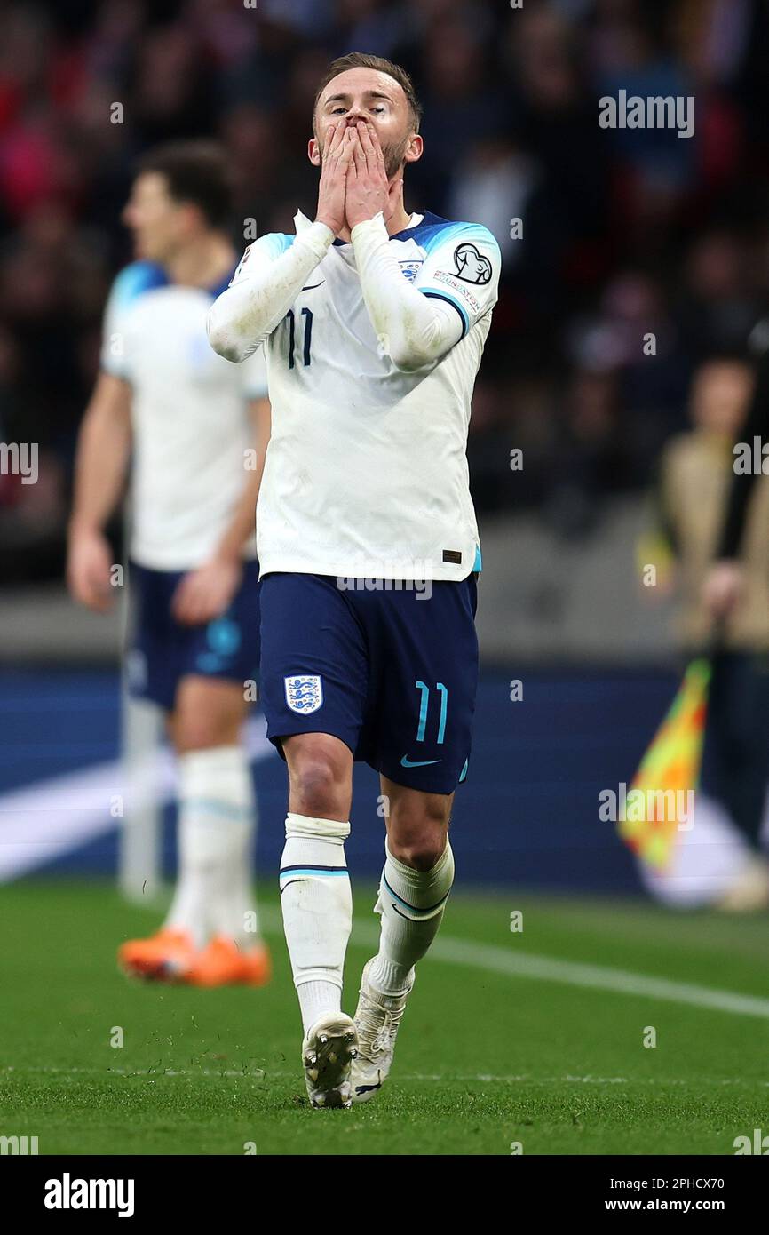 London, UK. 26th Mar, 2023. James Maddison of England reacts.England v ...