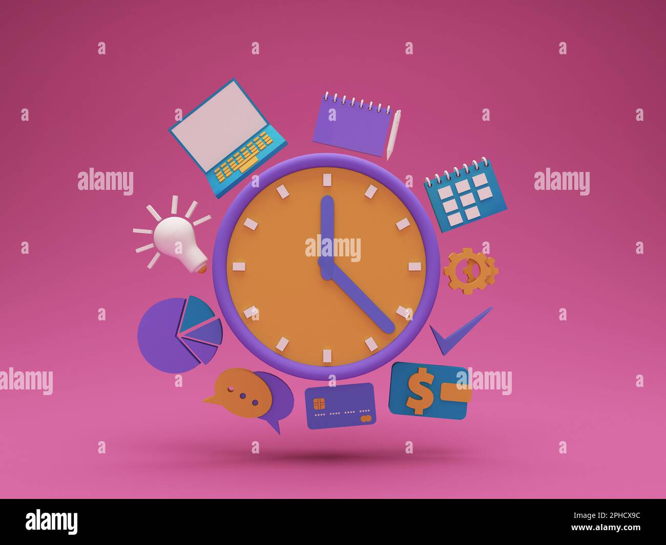 Time management concept with clock and pie graph, laptop, calendar ...