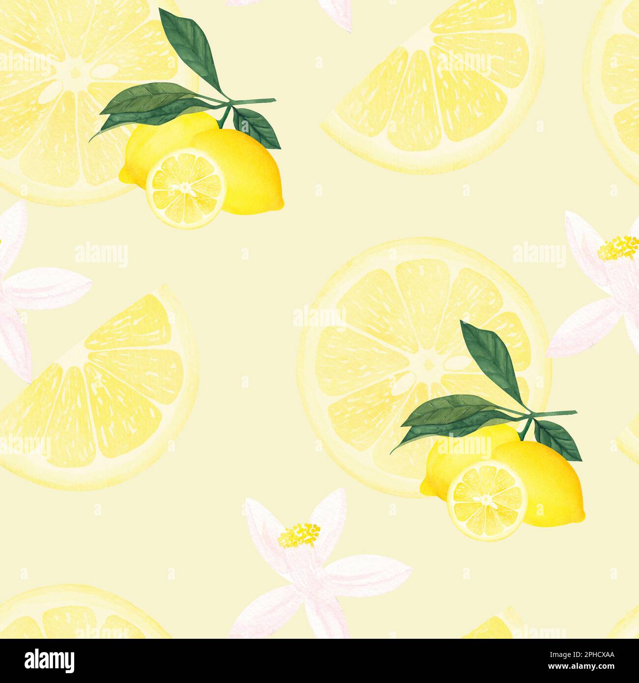 Yellow Lemons watercolor seamless pattern. Beautiful hand drawn texture ...