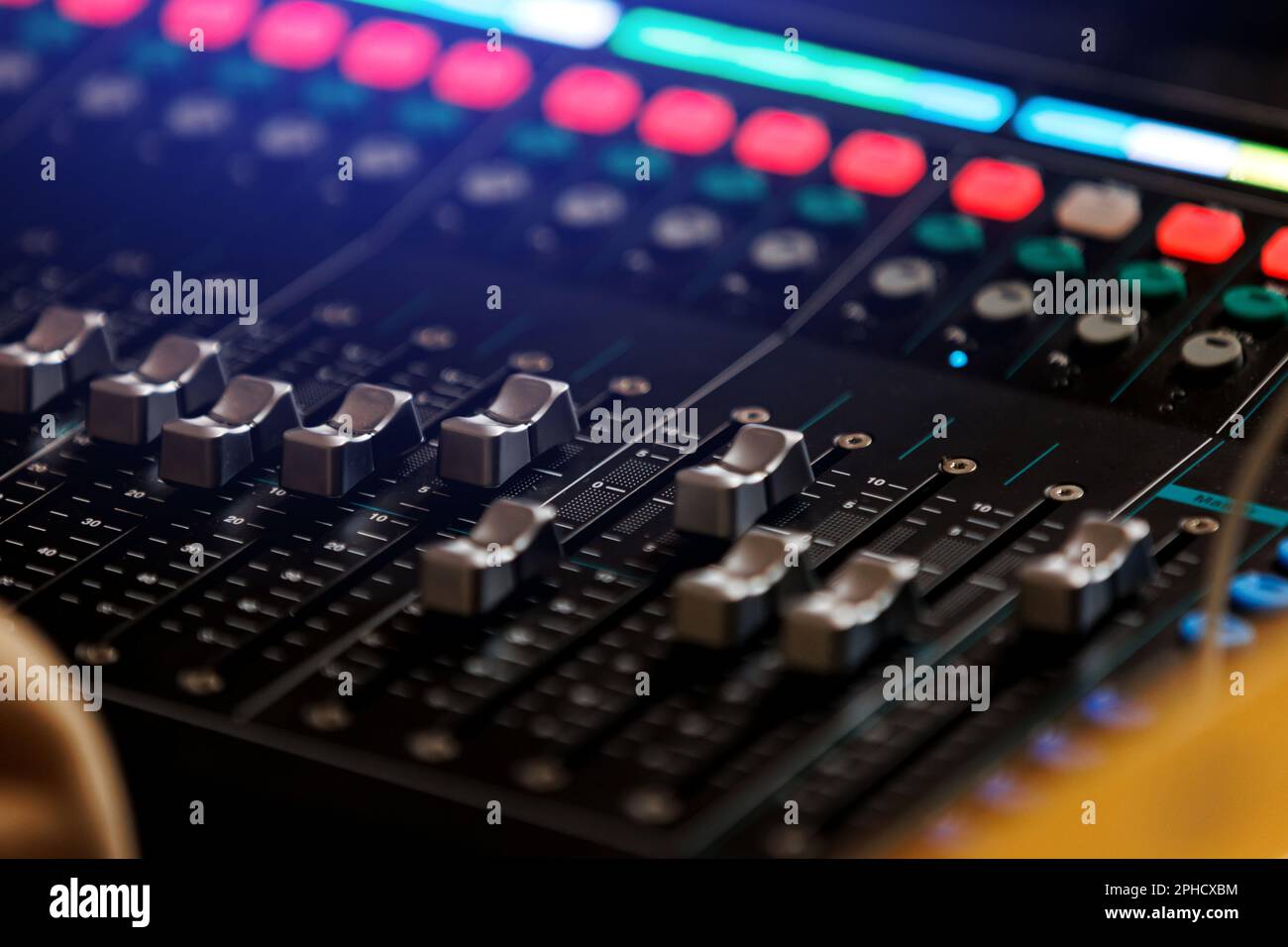 Concert sound mixer panel with volume regulators. Professional audio ...