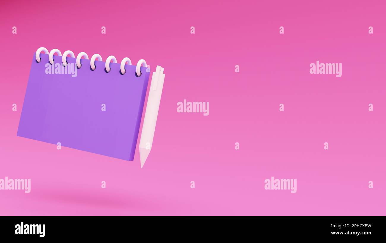 floating closed notepad with pencil on pink background. Copywriting ...