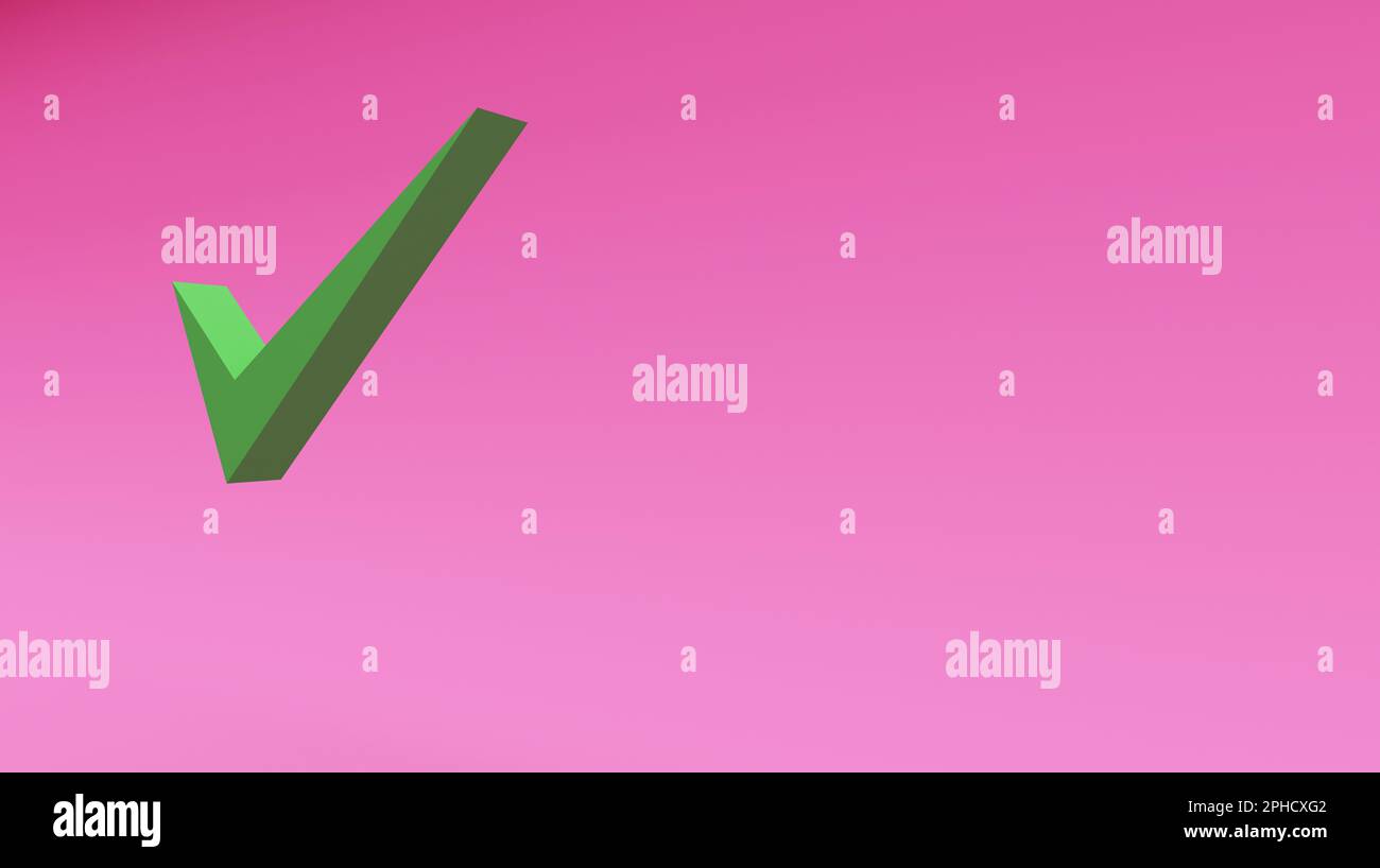 3d Green check mark or tick isolated over pink background. 3D rendering ...