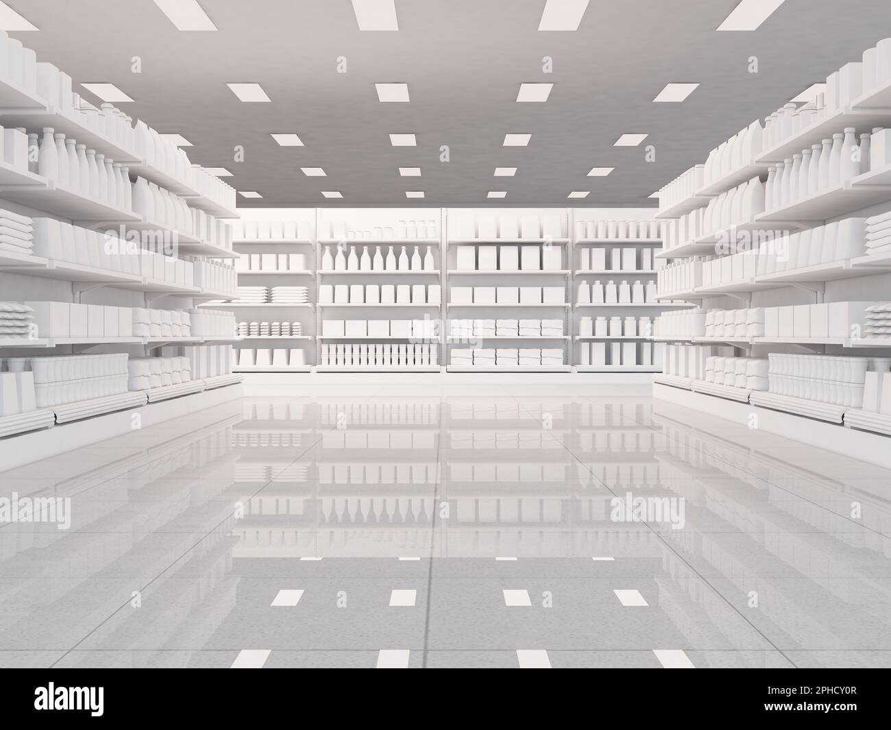 Interior of a supermarket with shelves for varied goods. 3d rendering ...