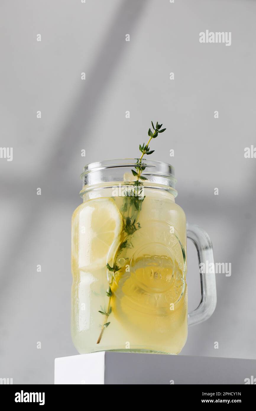 Promotional photo of lemonade with fresh lemon slices in a glass on the ...