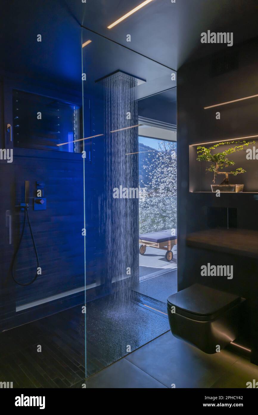 Shower in Bathroom with Panoramic View over a Cherry Tree with Flowers ...