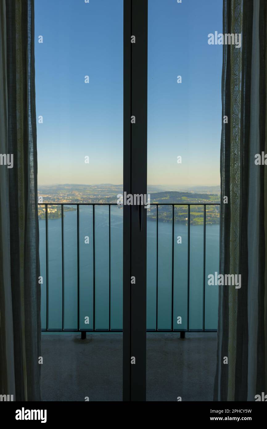 Window View with Balcony over Lake Lucerne and Mountain in Burgenstock ...