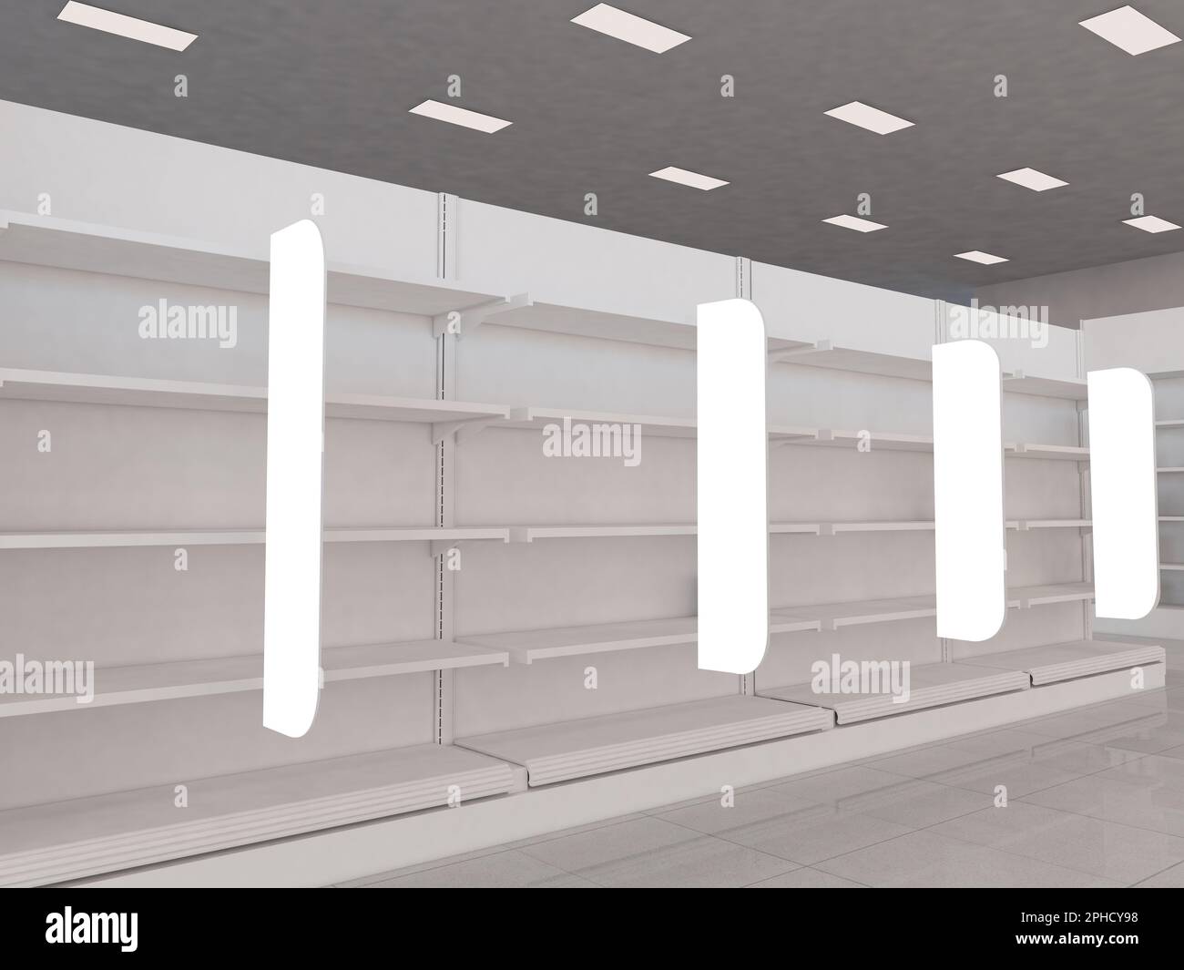 super market empty shelves for goods with blank shelf stopper. 3d rendering illustration Stock ...