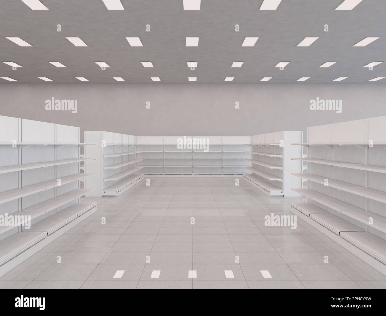 super market shop interior corridor with empty shelves. 3d rendering ...