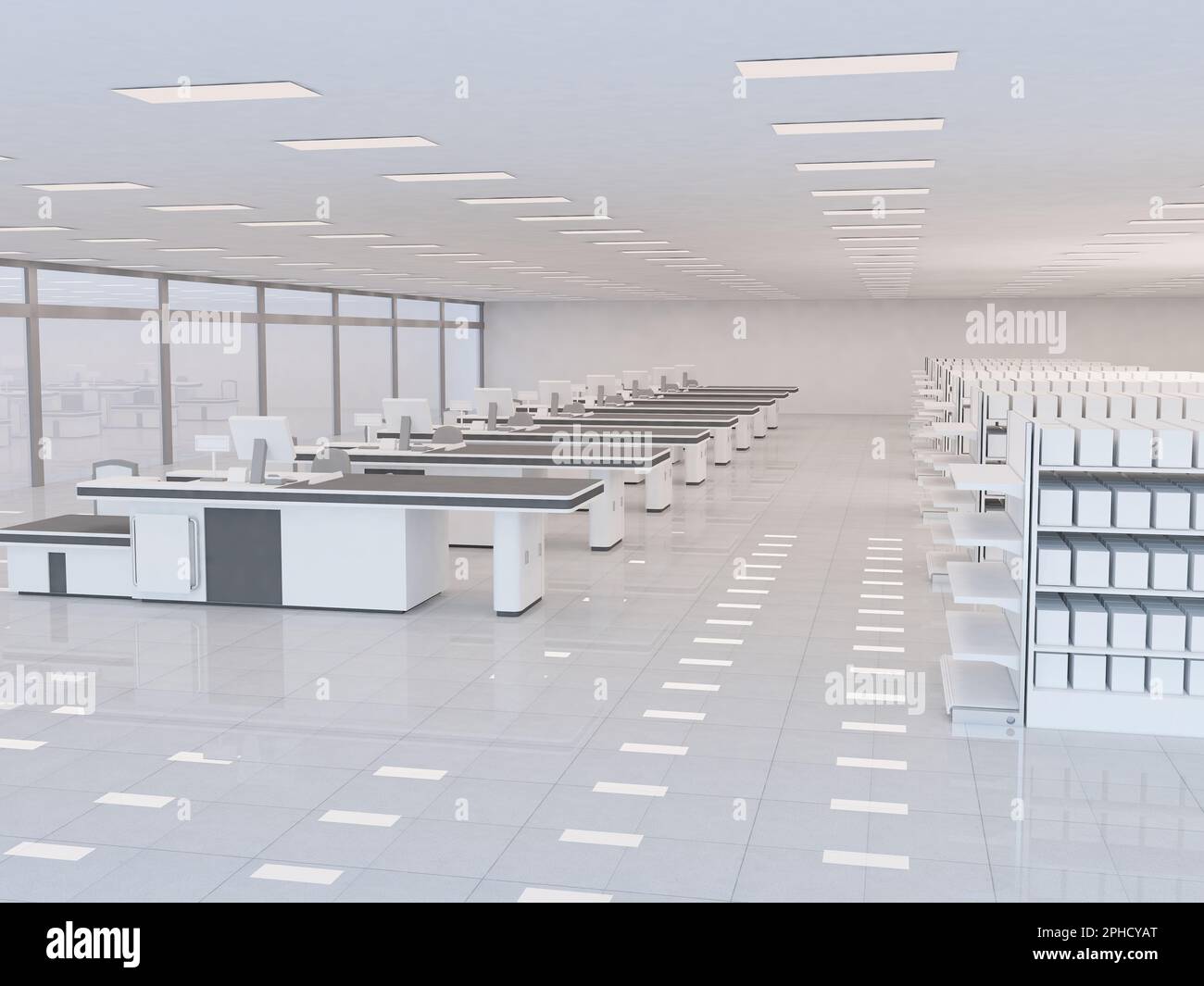 Supermarket cash registers or checkout counters. interior space hall ...