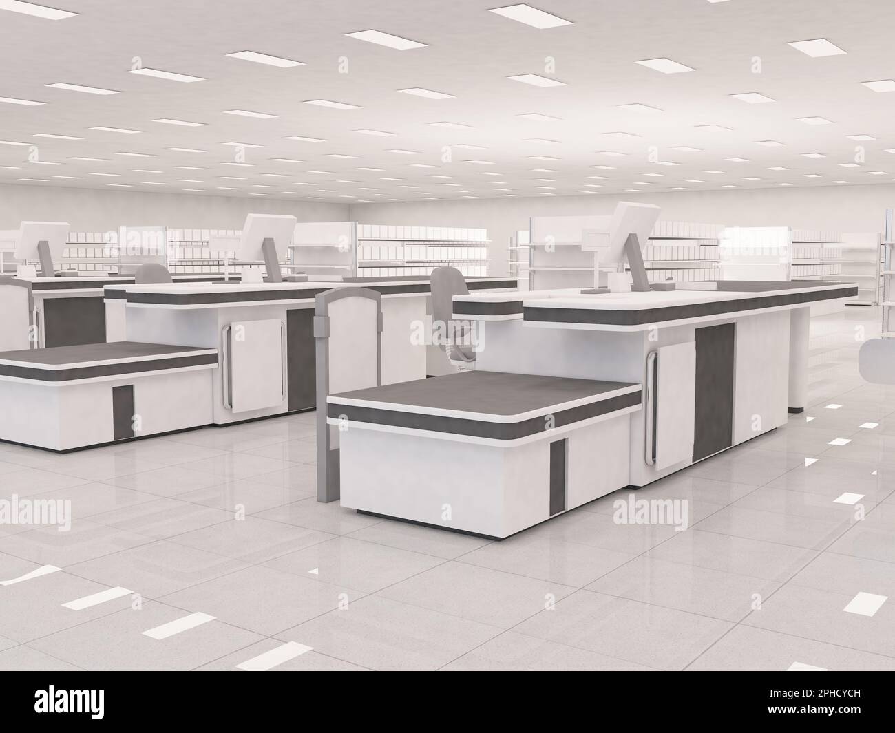 Supermarket cash registers or checkout counters at the exit. interior ...