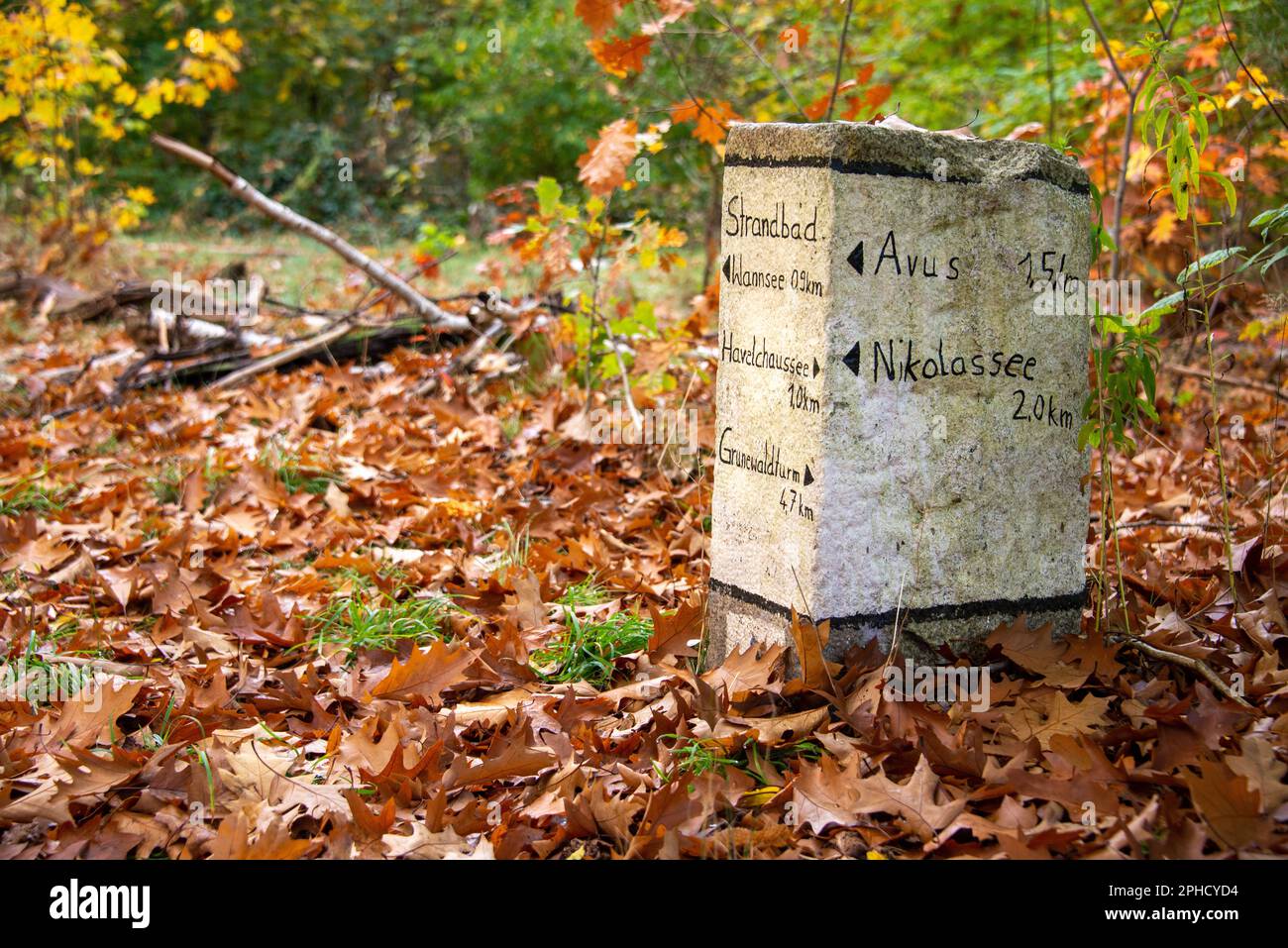 An old marker stone at a walking trail on the Havel Heights of ...