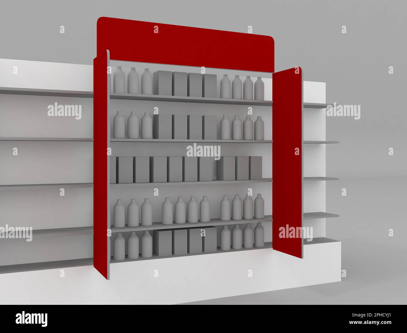 supermarket shelf with flags or shelf-stopper. shelves with products ...