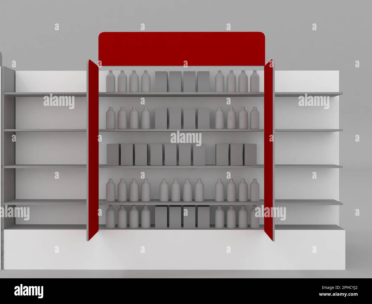 supermarket shelf with flags or shelf-stopper. shelves with products ...