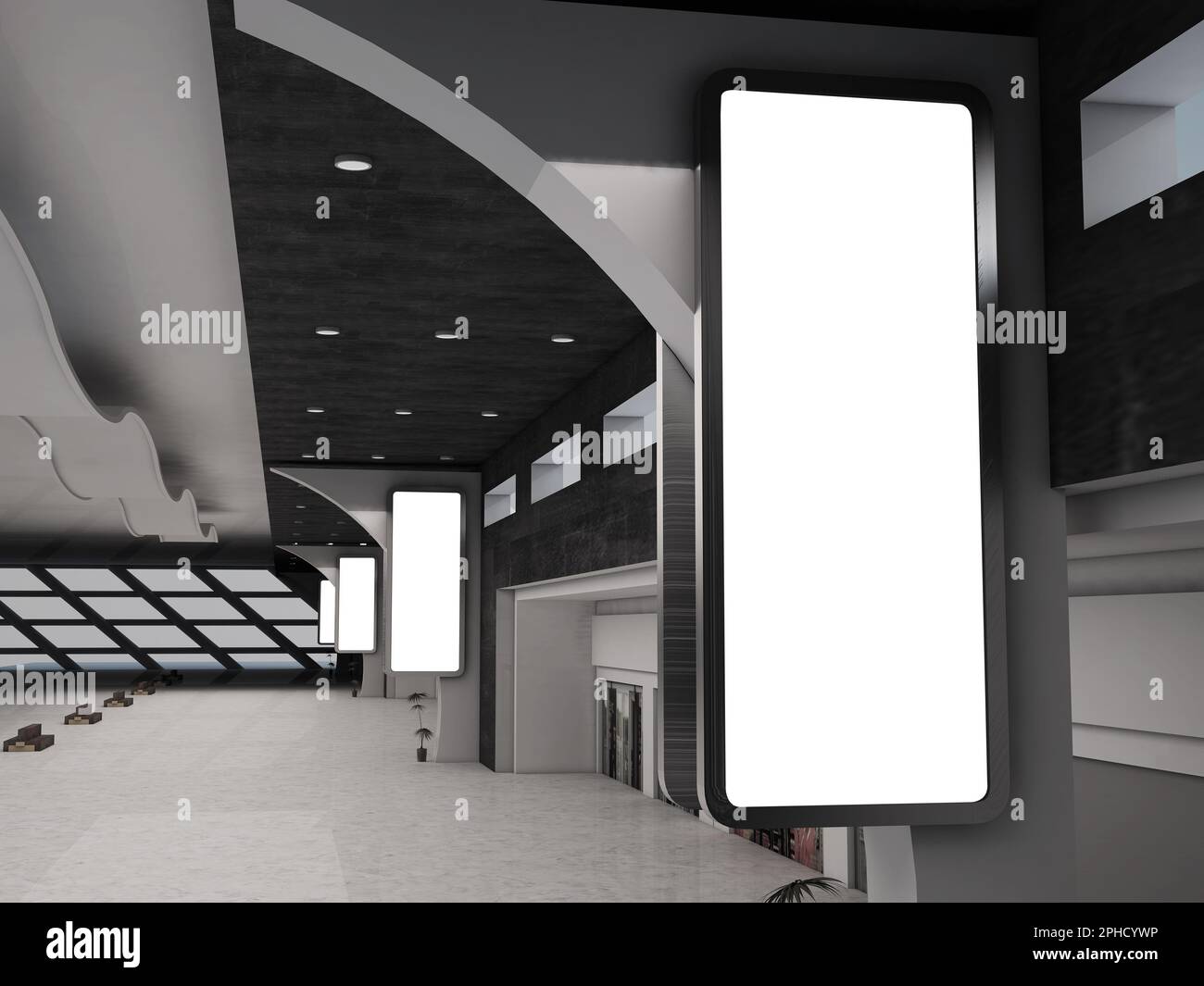 Adverising signage inside a mall or airport. 3d rendering illustration ...