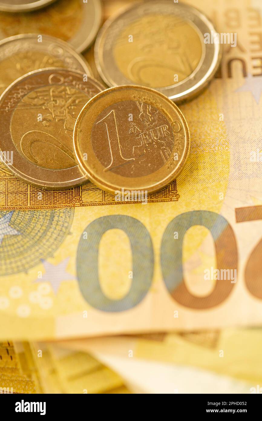 Money and finance.Euro background.Euro banknotes and coins close-up ...