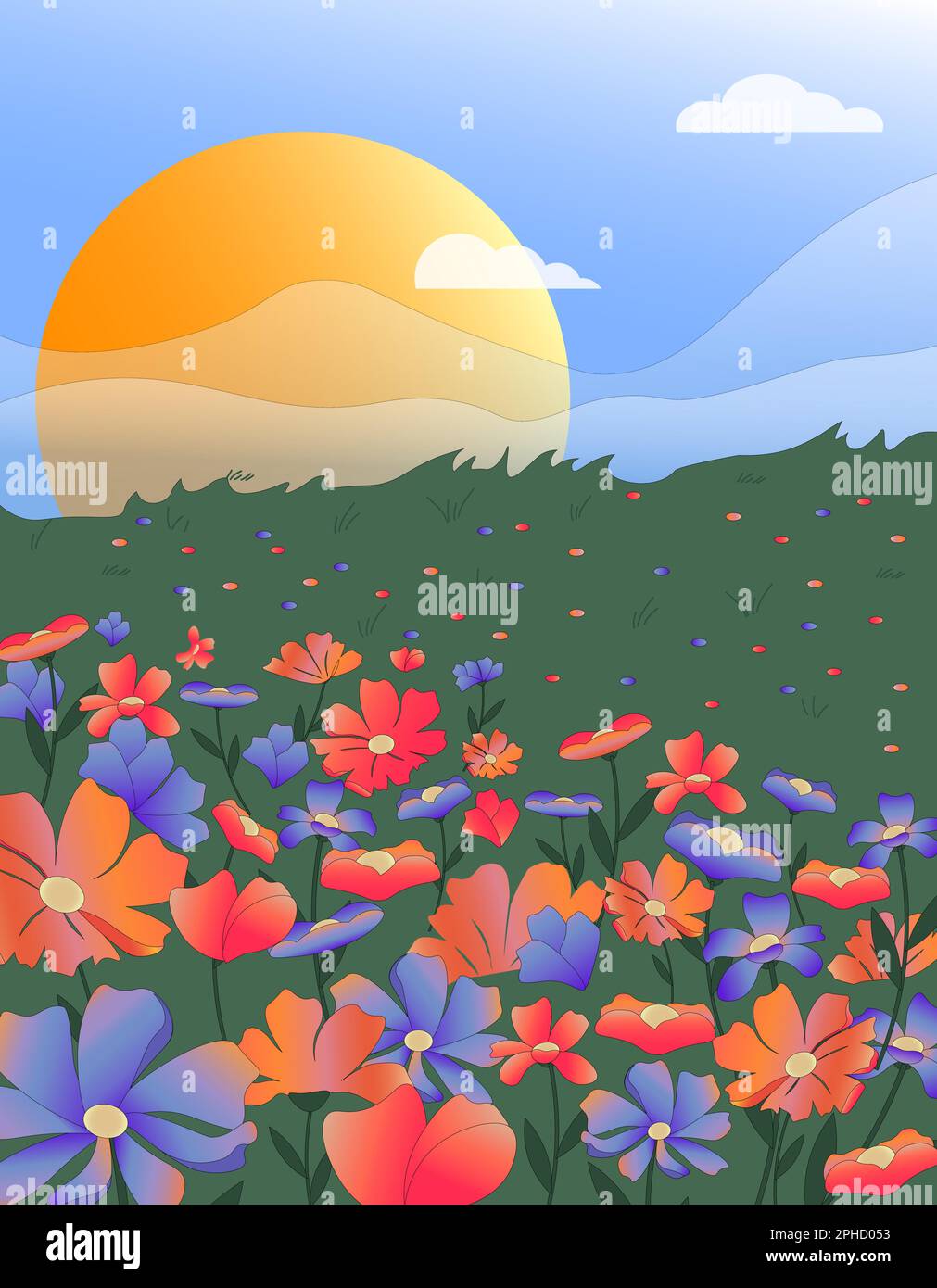 Field with colorful flowers, sun and green grass. Summer time. Vector ...