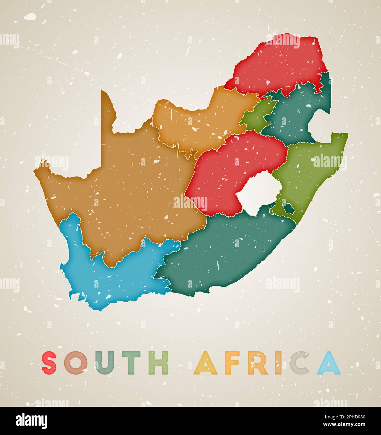 South Africa map. Country poster with colored regions. Old grunge ...