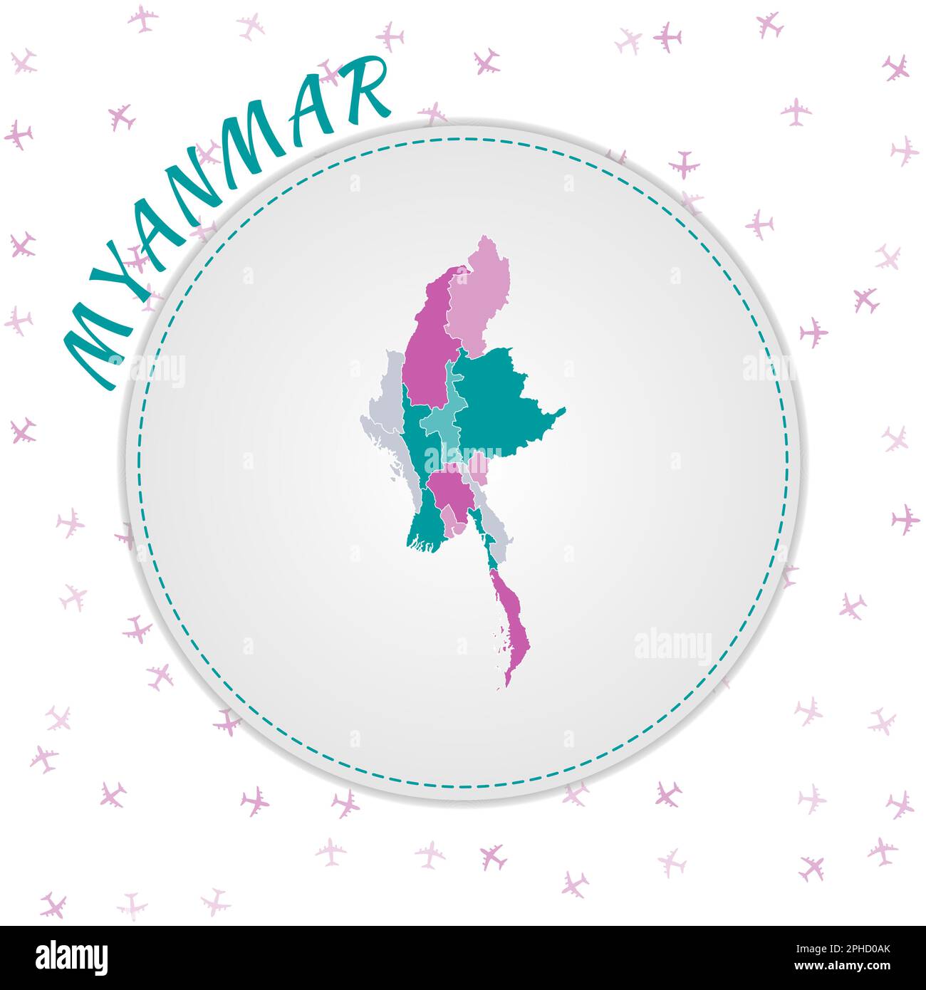 Myanmar map design. Map of the country with regions in emerald-amethyst ...