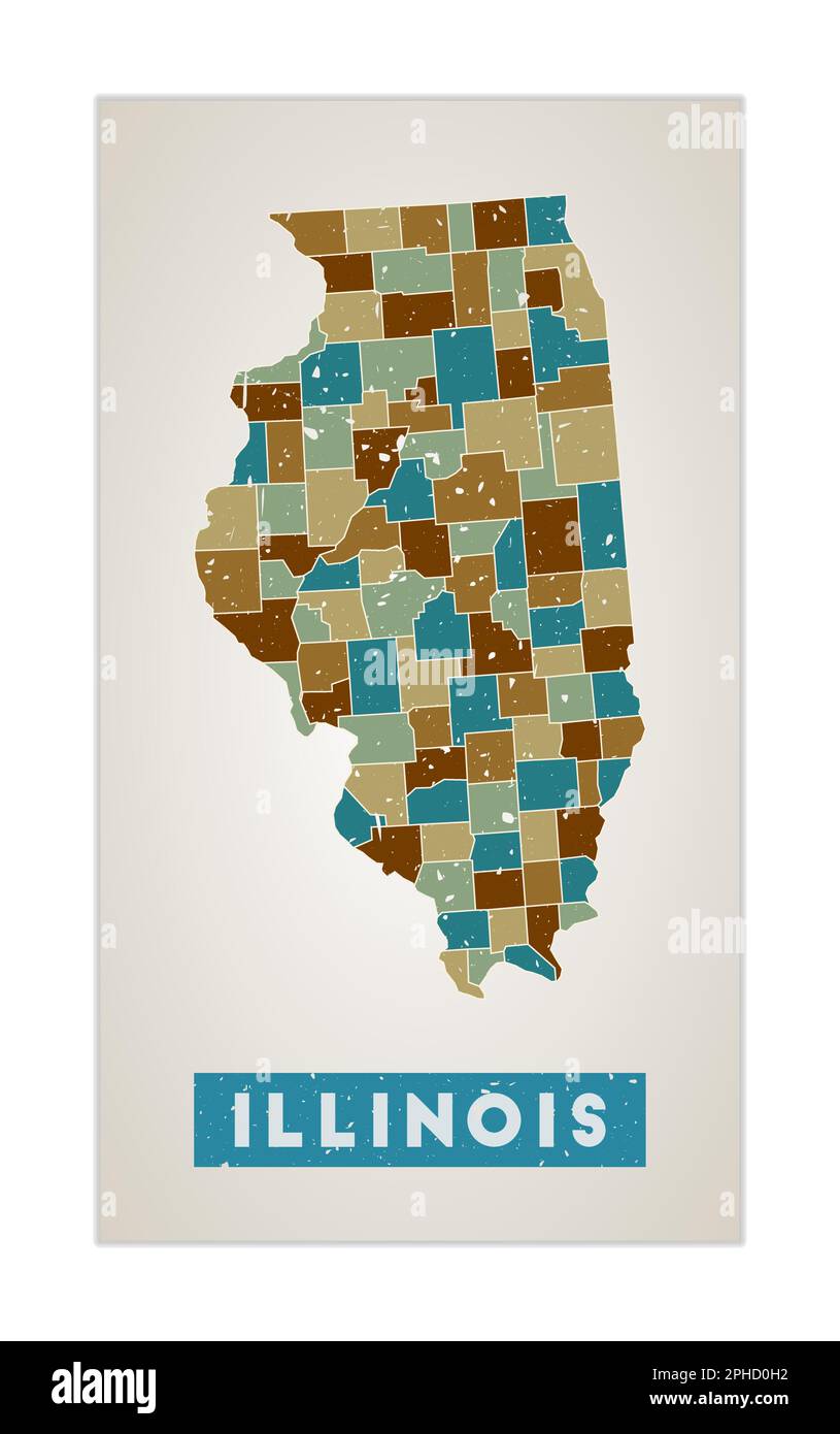 Illinois map. US state poster with regions. Old grunge texture. Shape ...