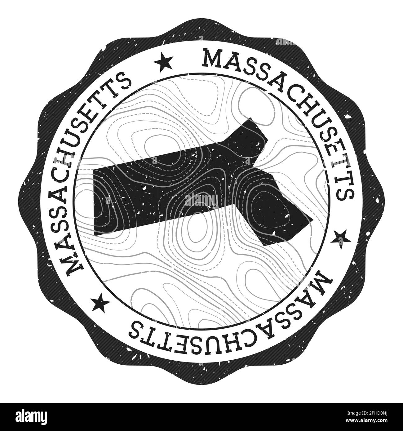 Massachusetts outdoor stamp. Round sticker with map of US state with ...