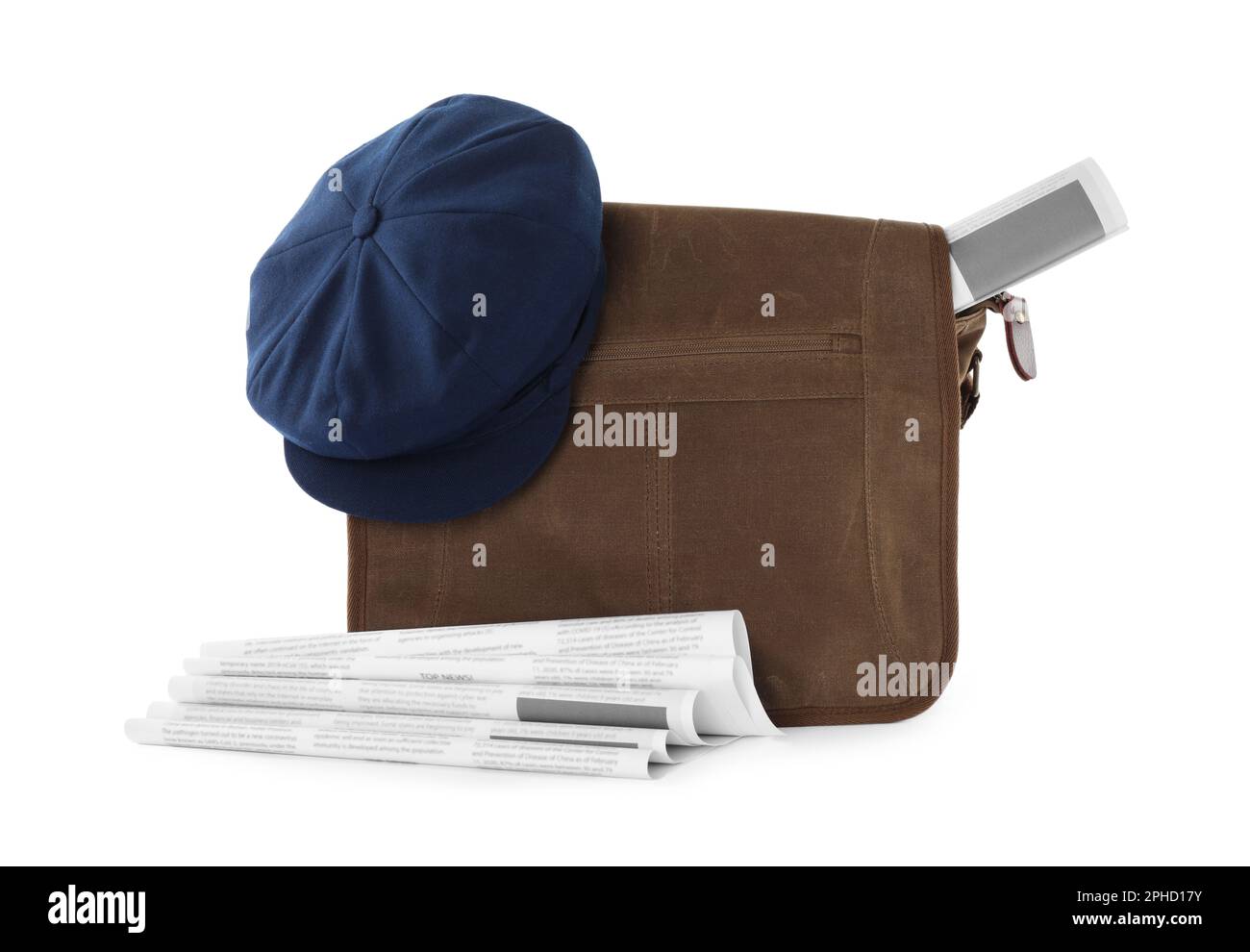 Brown postman's bag, hat and newspapers on white background Stock Photo ...