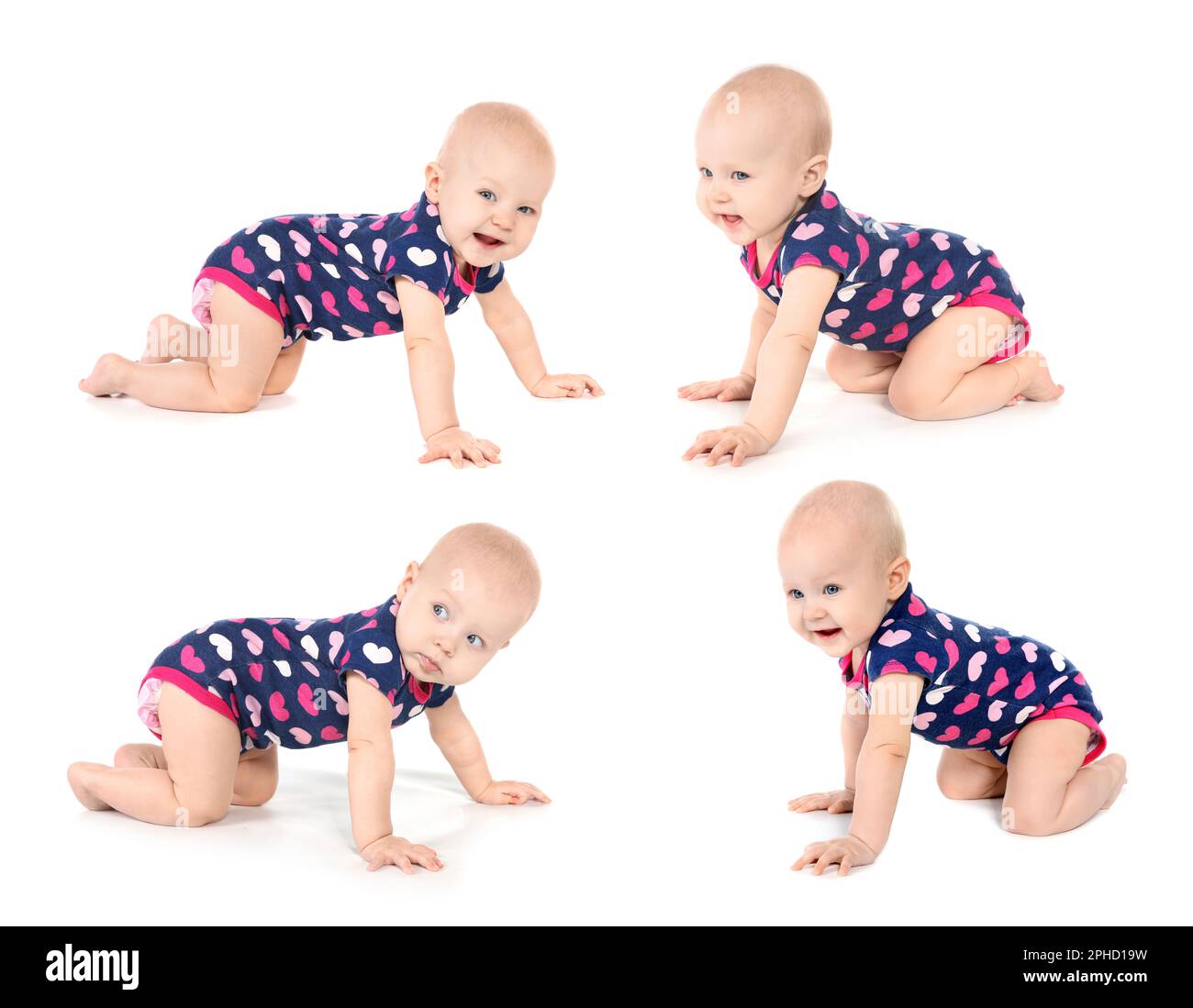 Collage with photos cute little baby crawling on white background Stock ...