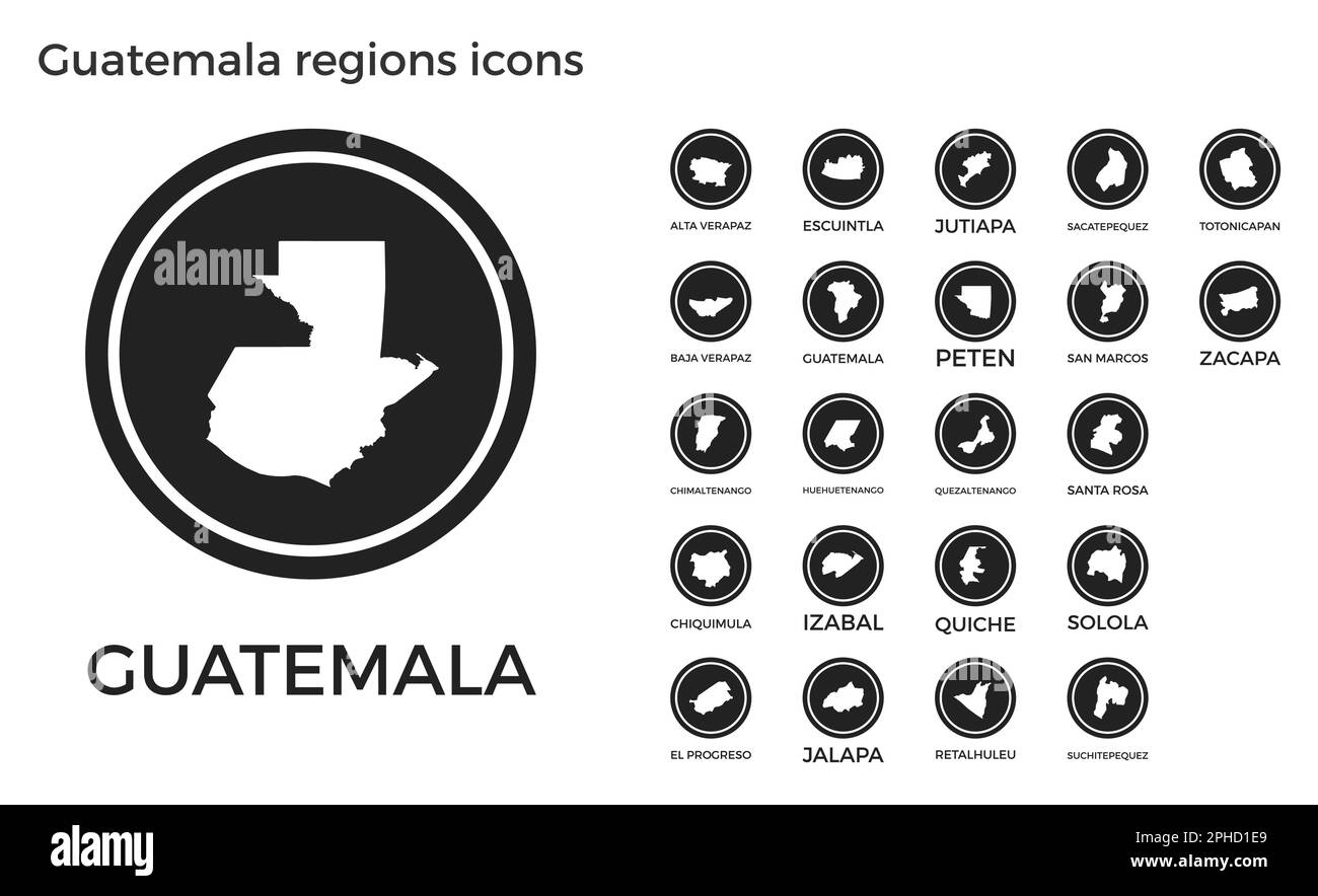 Guatemala regions icons. Black round logos with country regions maps ...