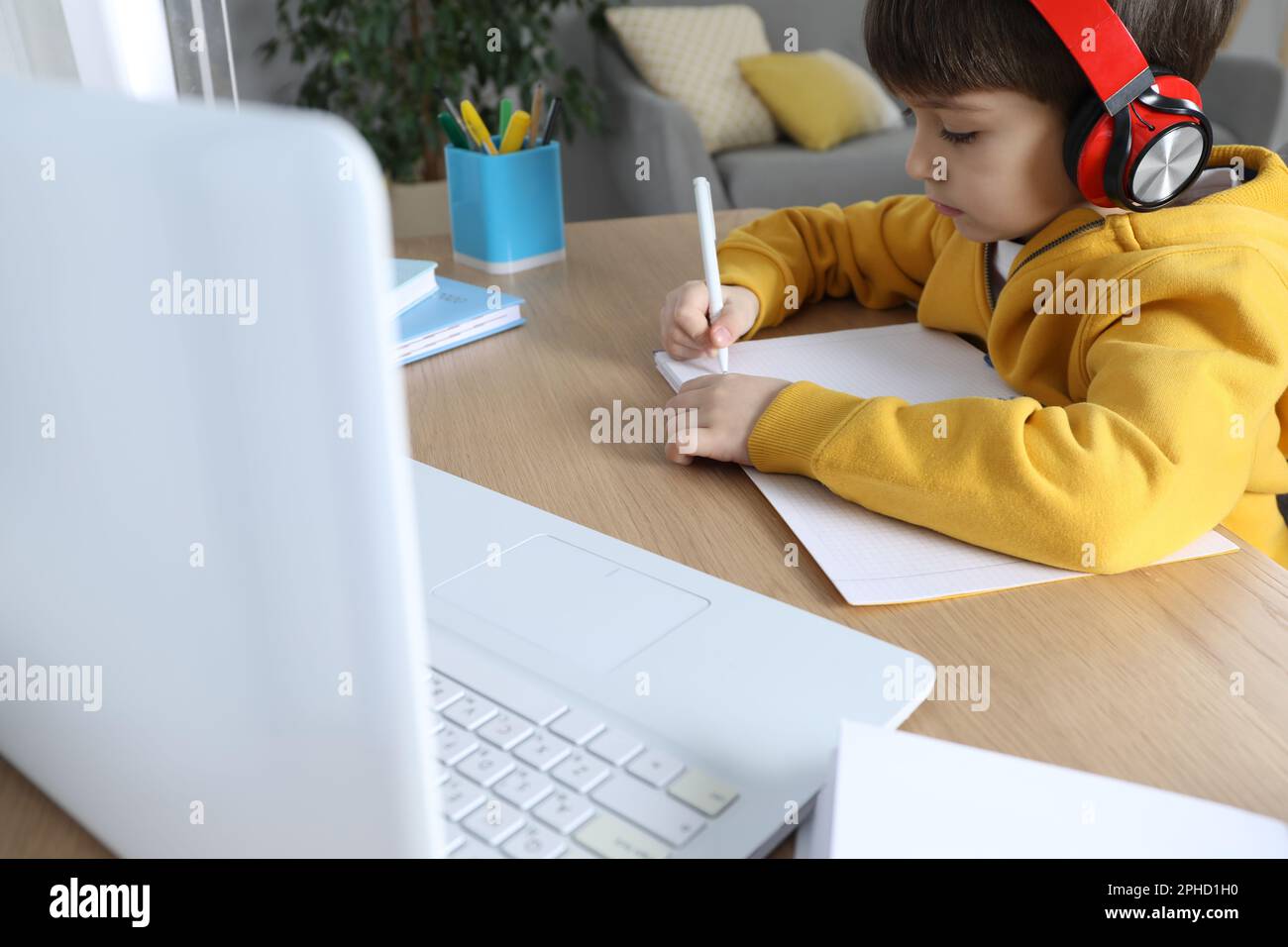 Cute little boy with modern laptop studying online at home. E-learning ...
