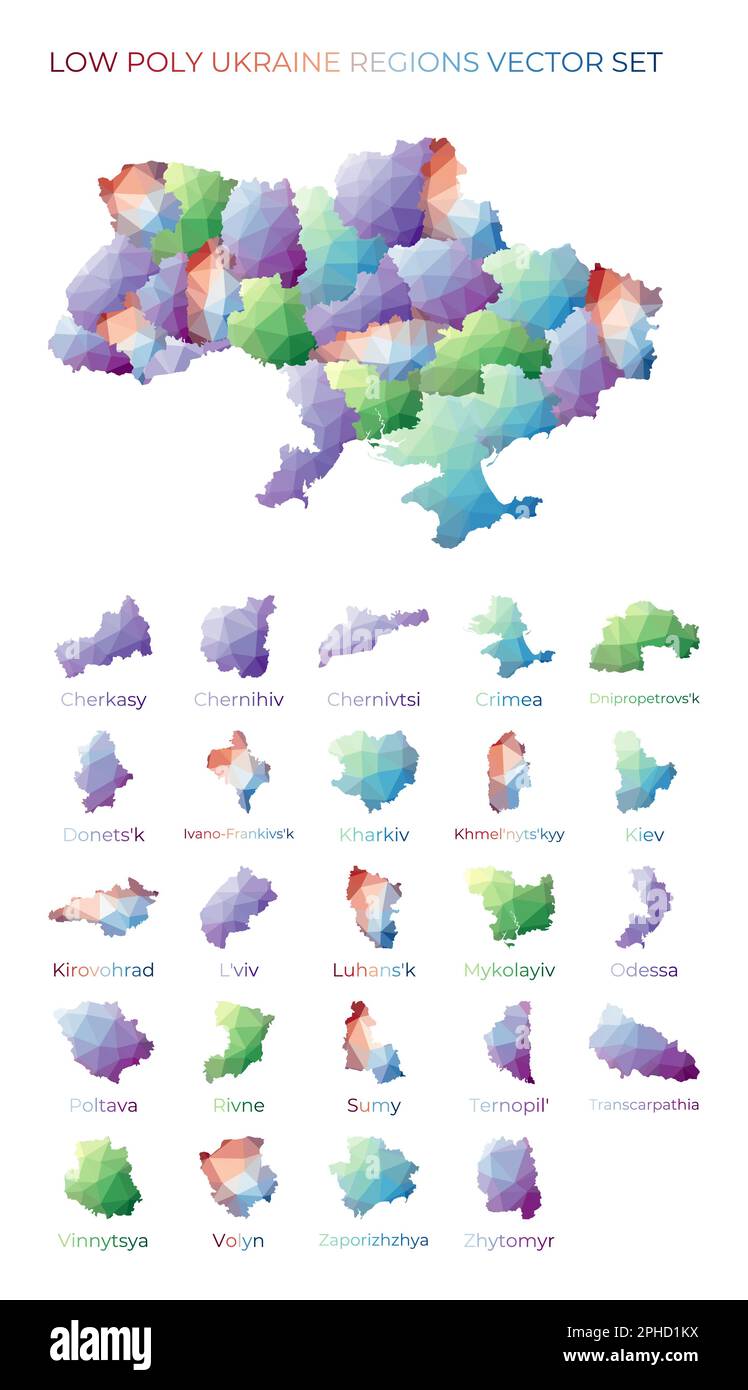 Ukrainian low poly regions. Polygonal map of Ukraine with regions ...