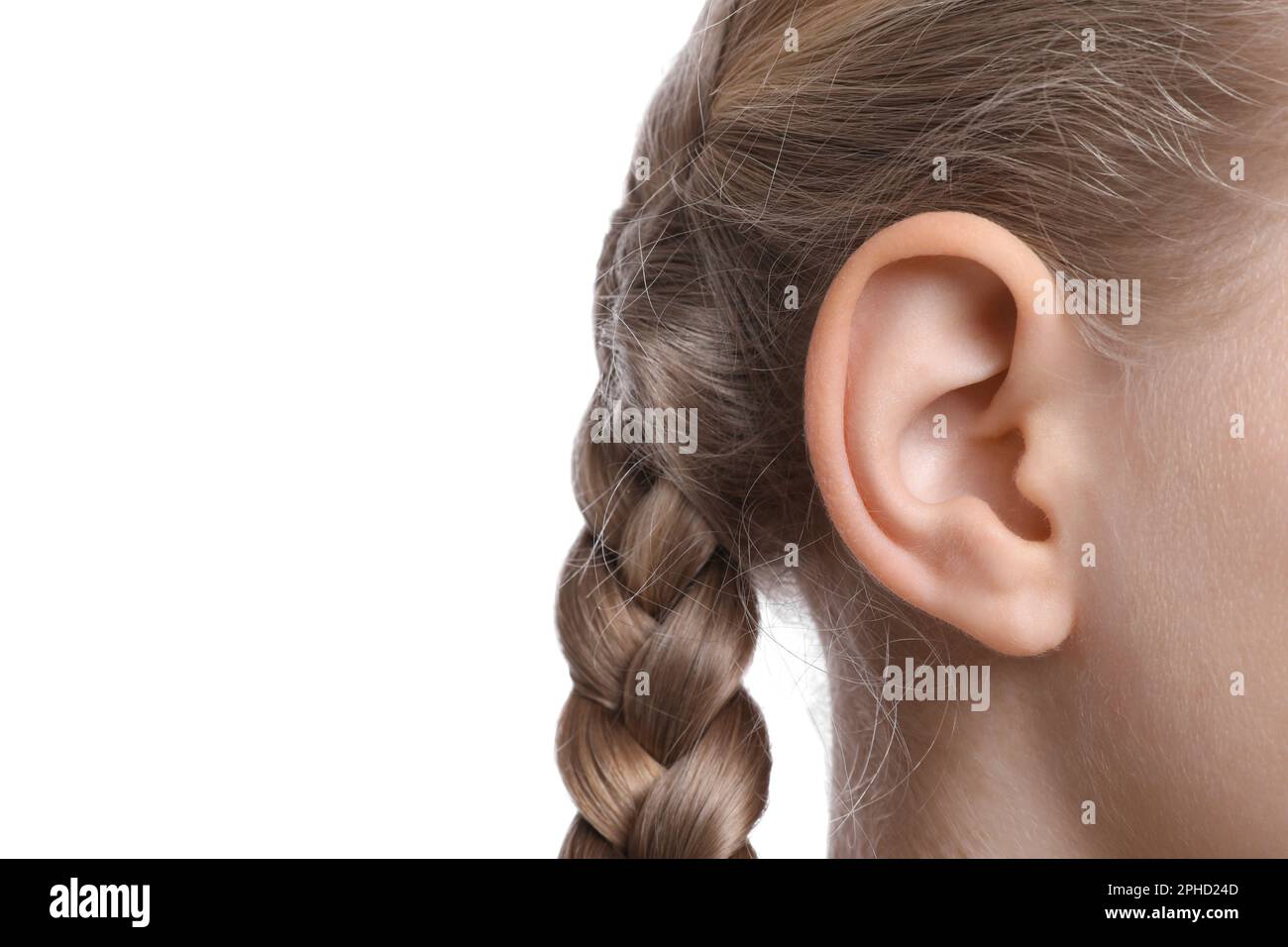 Cute little girl on white background, closeup of ear Stock Photo - Alamy