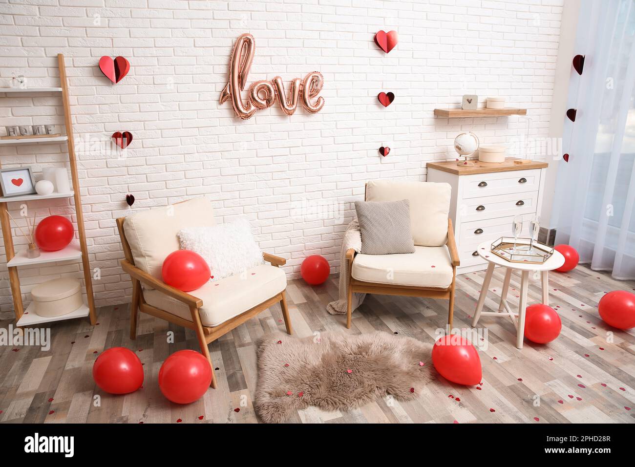 Cozy living room decorated for Valentine Day. Interior design Stock ...