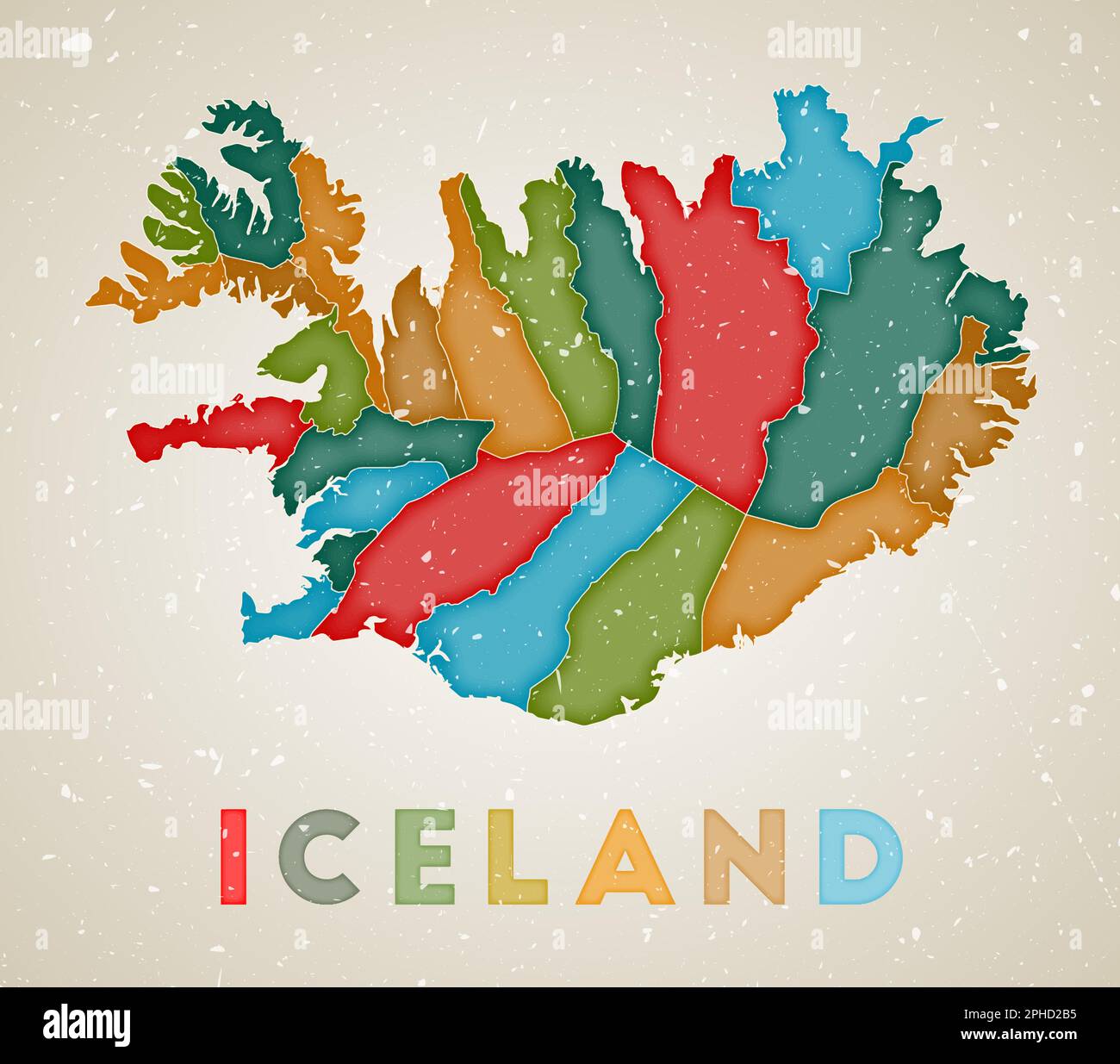 Iceland map. Country poster with colored regions. Old grunge texture ...