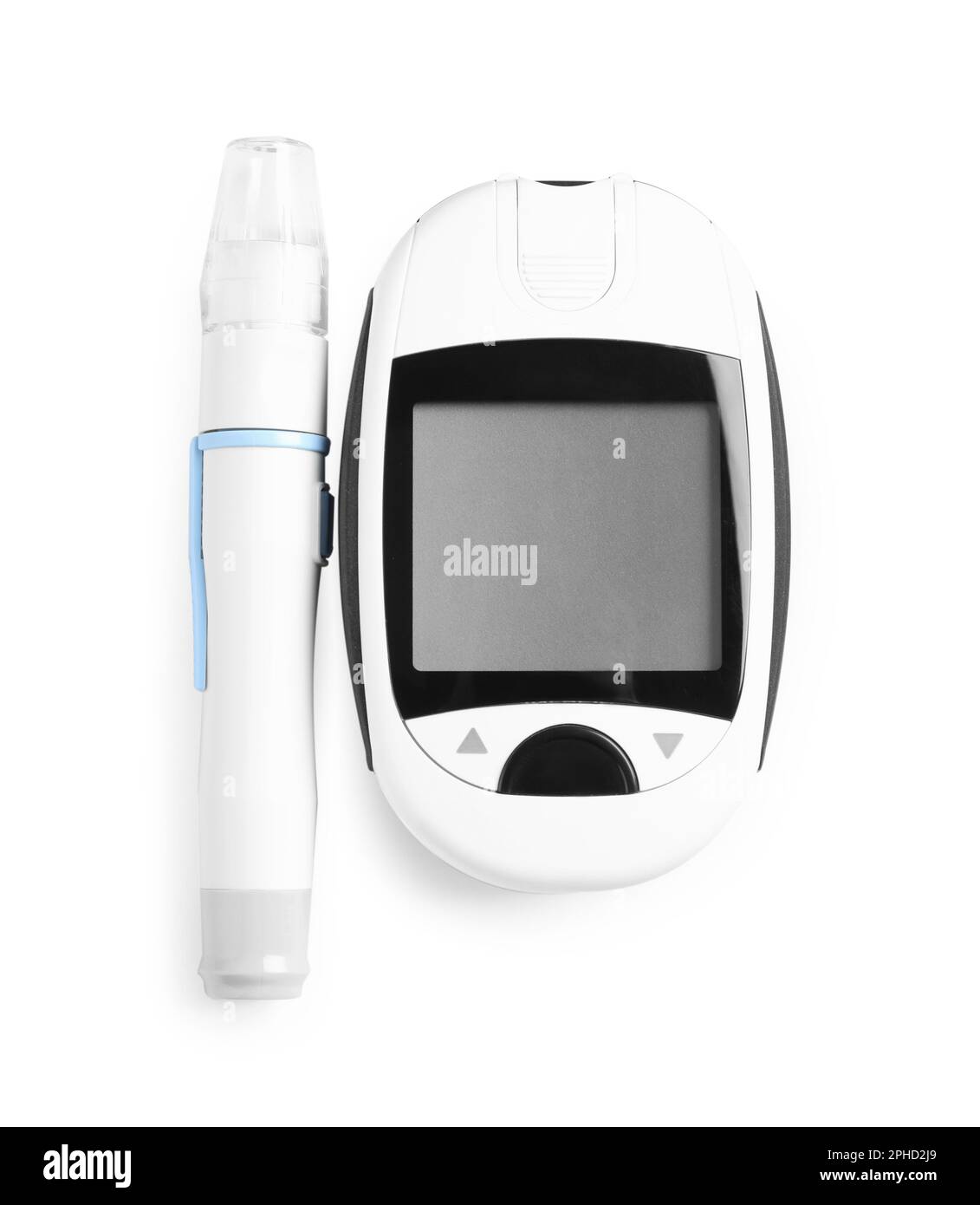 Glucometer and lancet pen on white background, top view. Diabetes ...