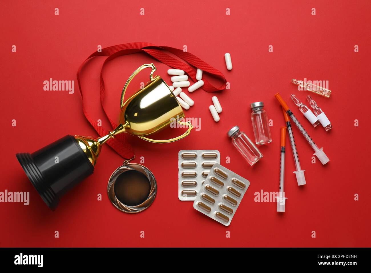 Flat lay composition with drugs on red background. Doping control Stock ...
