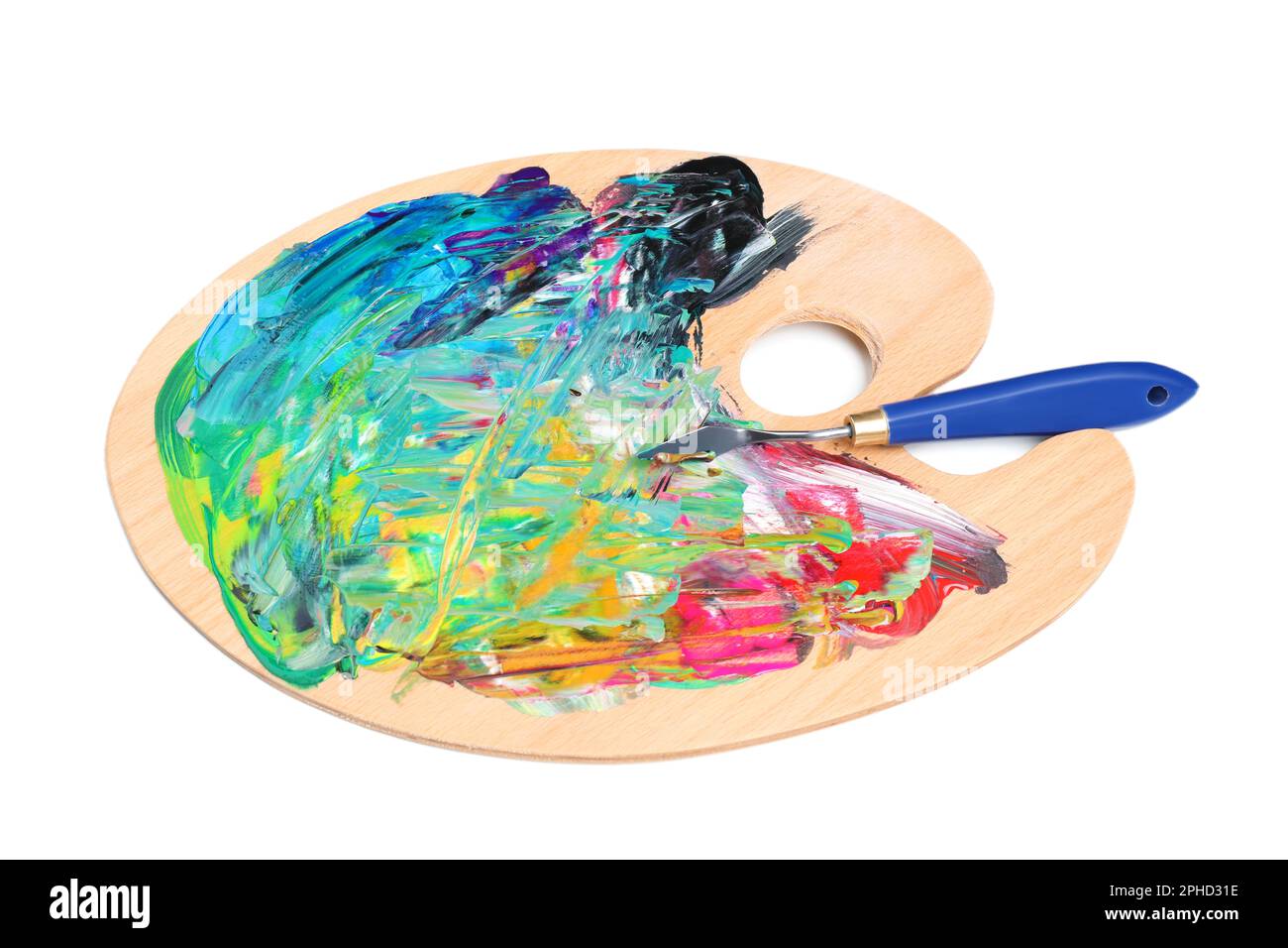 Palette with paints and spatula on white background, top view. Artist ...