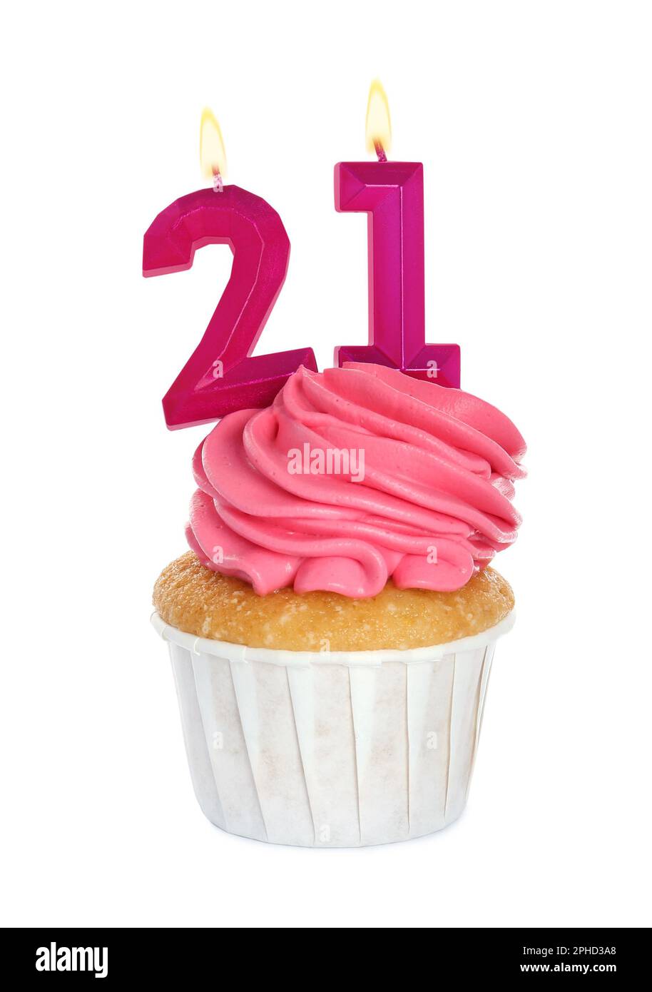 Delicious cupcake with number shaped candles on white background ...