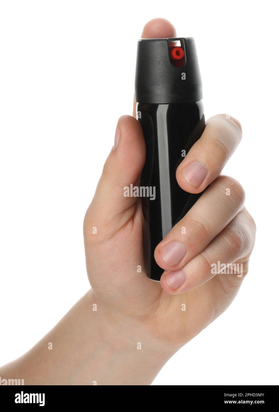 Man holding pepper spray on white background, closeup Stock Photo - Alamy