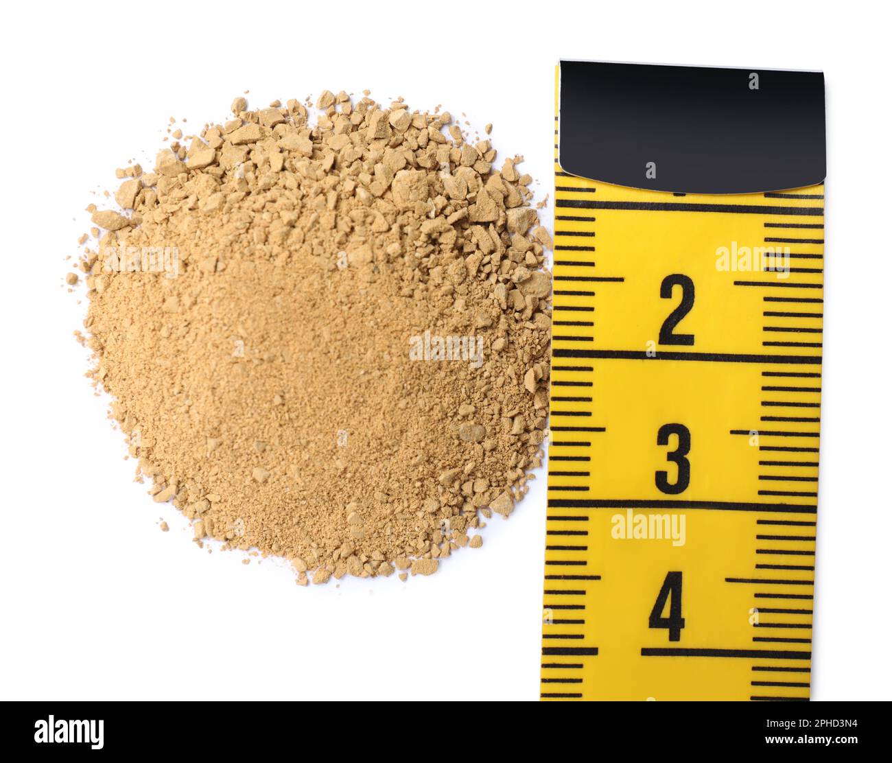 Pile of sand and measuring tape on white background, top view. Kidney ...