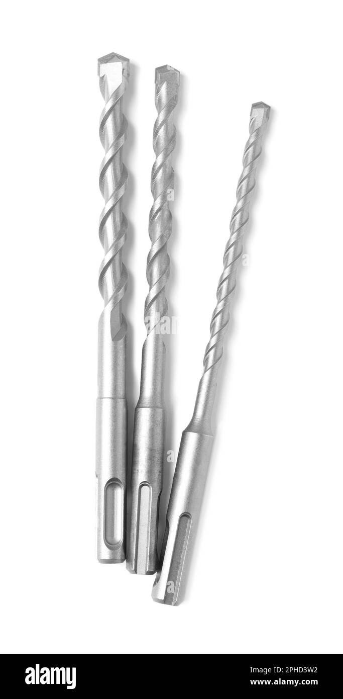 Many twist drill bits isolated on white, top view. Carpenter's tools ...