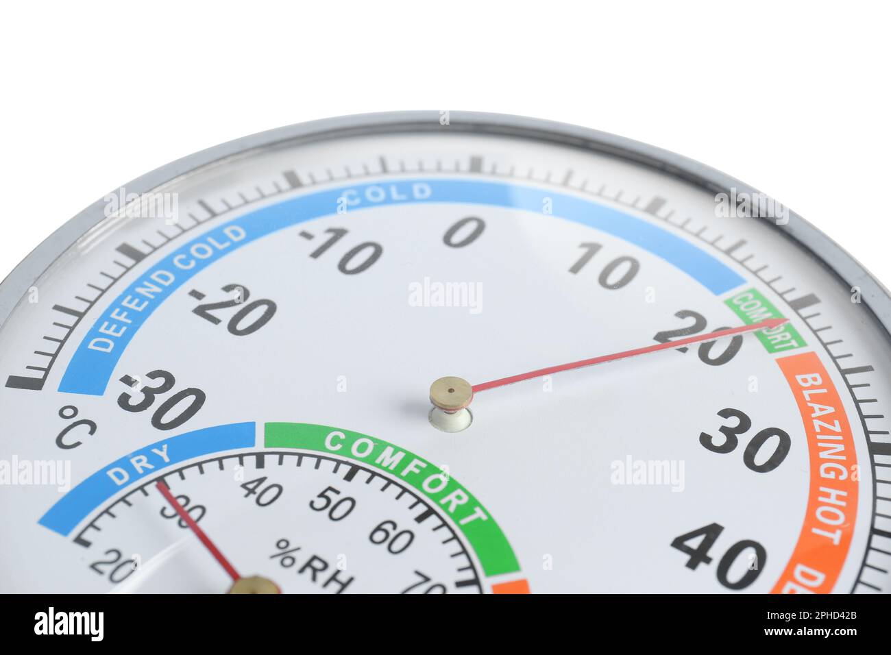 Round mechanical hygrometer on white background, closeup ...