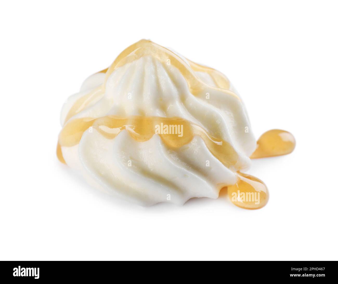 Delicious fresh whipped cream with caramel sauce isolated on white ...