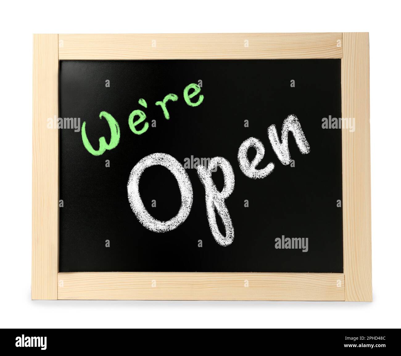 Small chalk board with phrase We're Open isolated on white Stock Photo ...