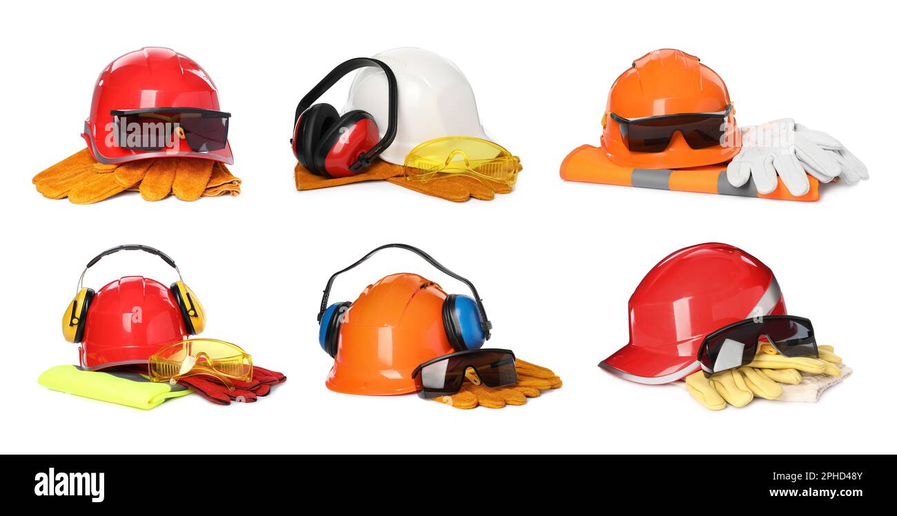 Set with protective workwear on white background, banner design. Safety ...