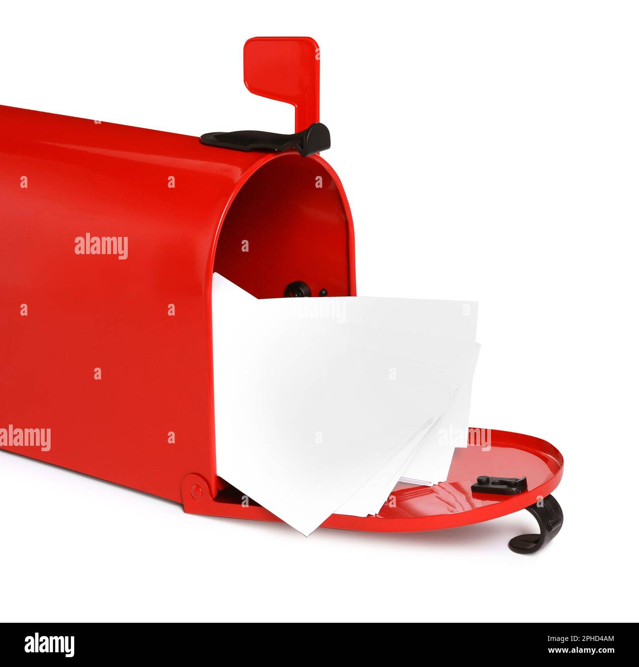 Red letter box with envelopes on white background Stock Photo - Alamy