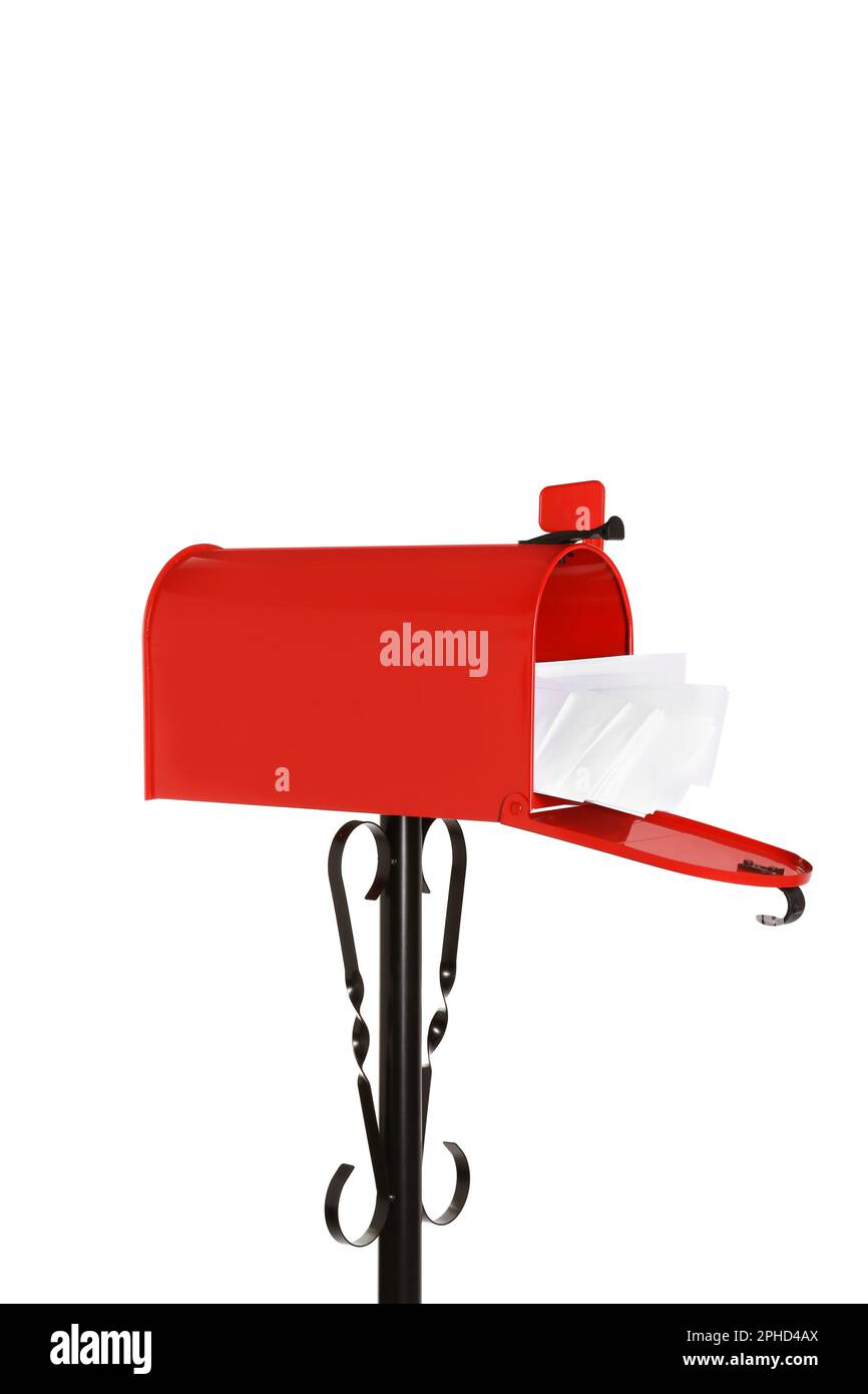 Red letter box with envelopes on white background Stock Photo - Alamy
