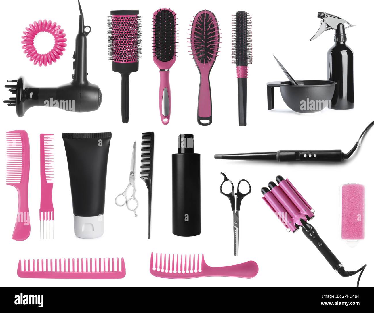 Set with professional hairdresser tools and cosmetic products on white ...