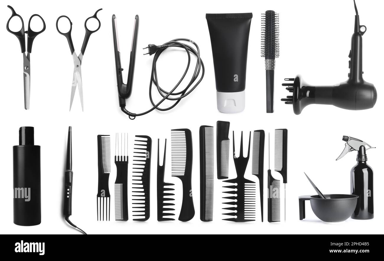 Set with professional hairdresser tools and cosmetic products on white ...